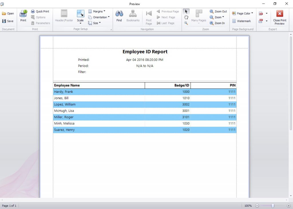 Print a List of Time Clock MTS Employees