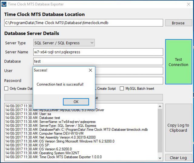 Exporting the Data File to SQL Server - Time Clock MTS