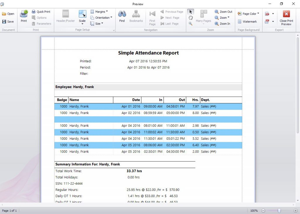 Simple Attendance Report - Time Clock MTS