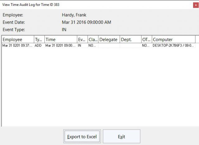 The Time Audit Log Screen - Time Clock MTS